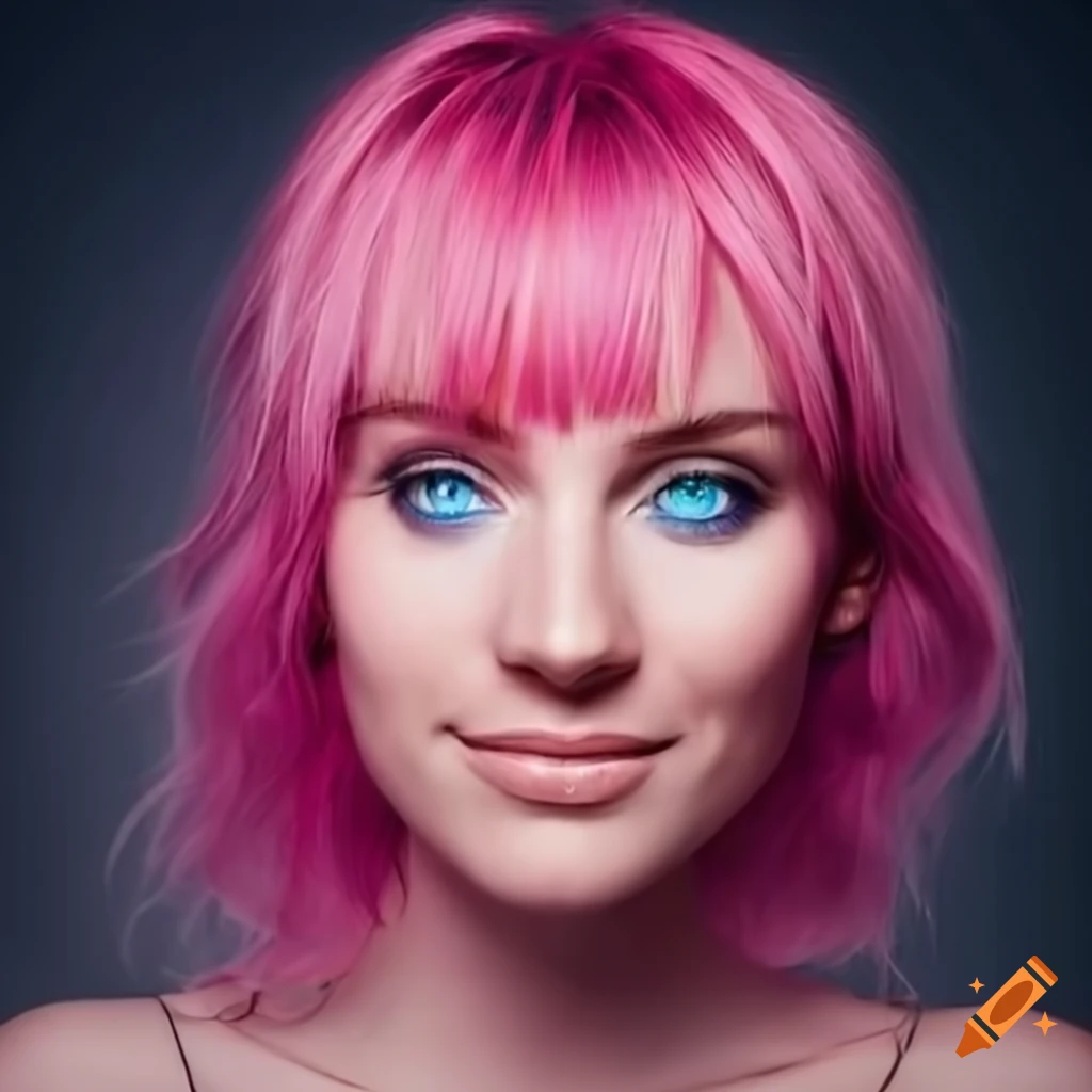 Young woman with pink hair and ice blue eyes smiling kindly on Craiyon