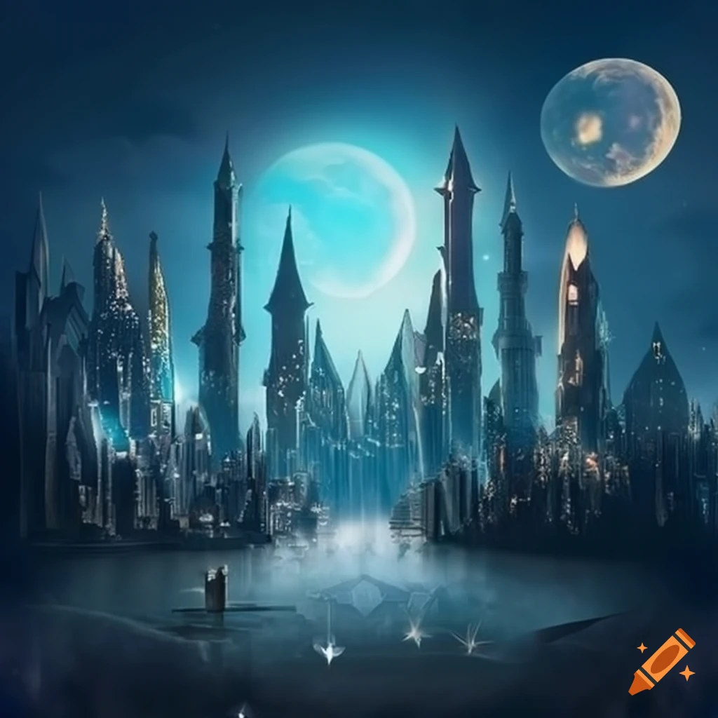 Fantasy elf city with crystals under multiple moons in the sky on Craiyon