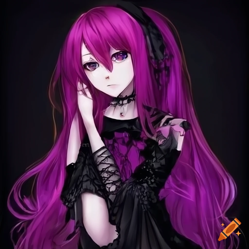 Enchanting gothic anime girl with red hair in a purple and black dress ...