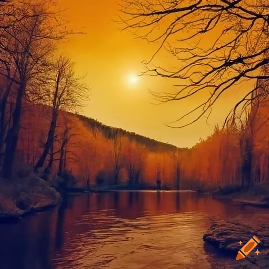Beautiful golden landscape with blooming trees, warm sunset, and golden ...