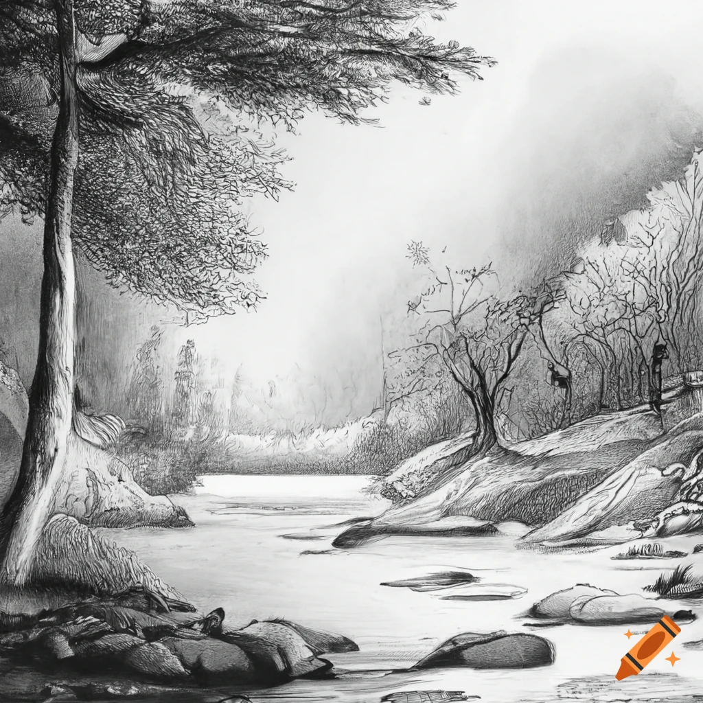 Pencil drawing or black and white engraving of a surreal nature scene ...
