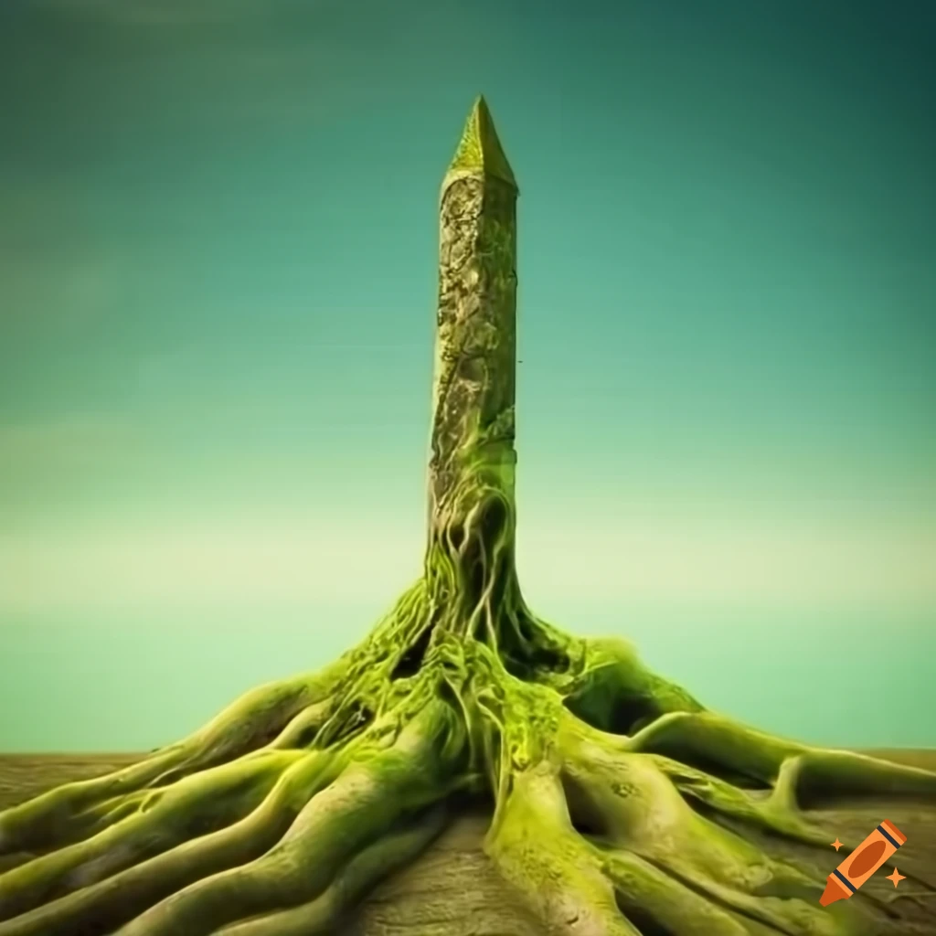 Obelisk covered in tree roots dedicated to the tree spirit on Craiyon