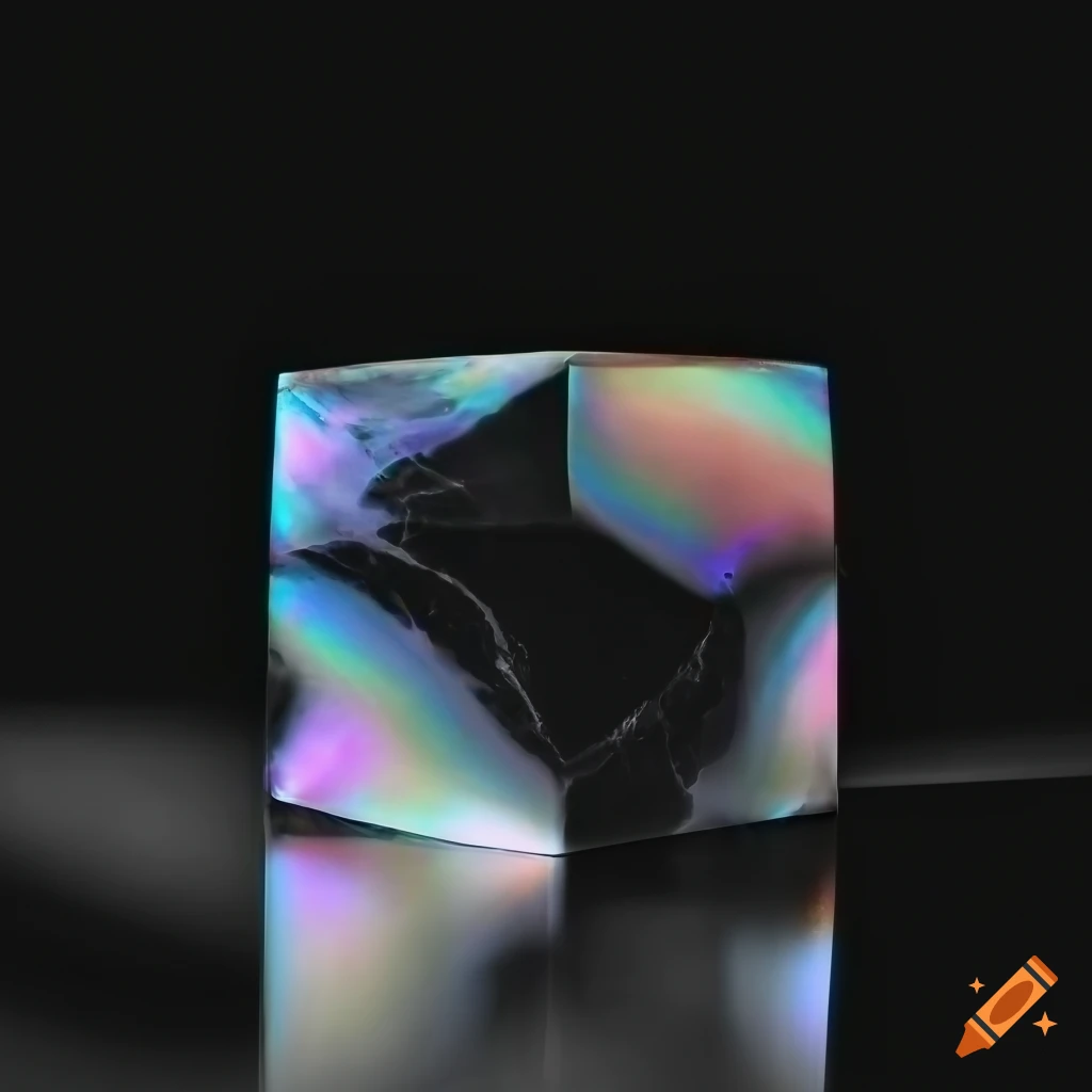 Black marble sharp cube with iridescence on white table on Craiyon