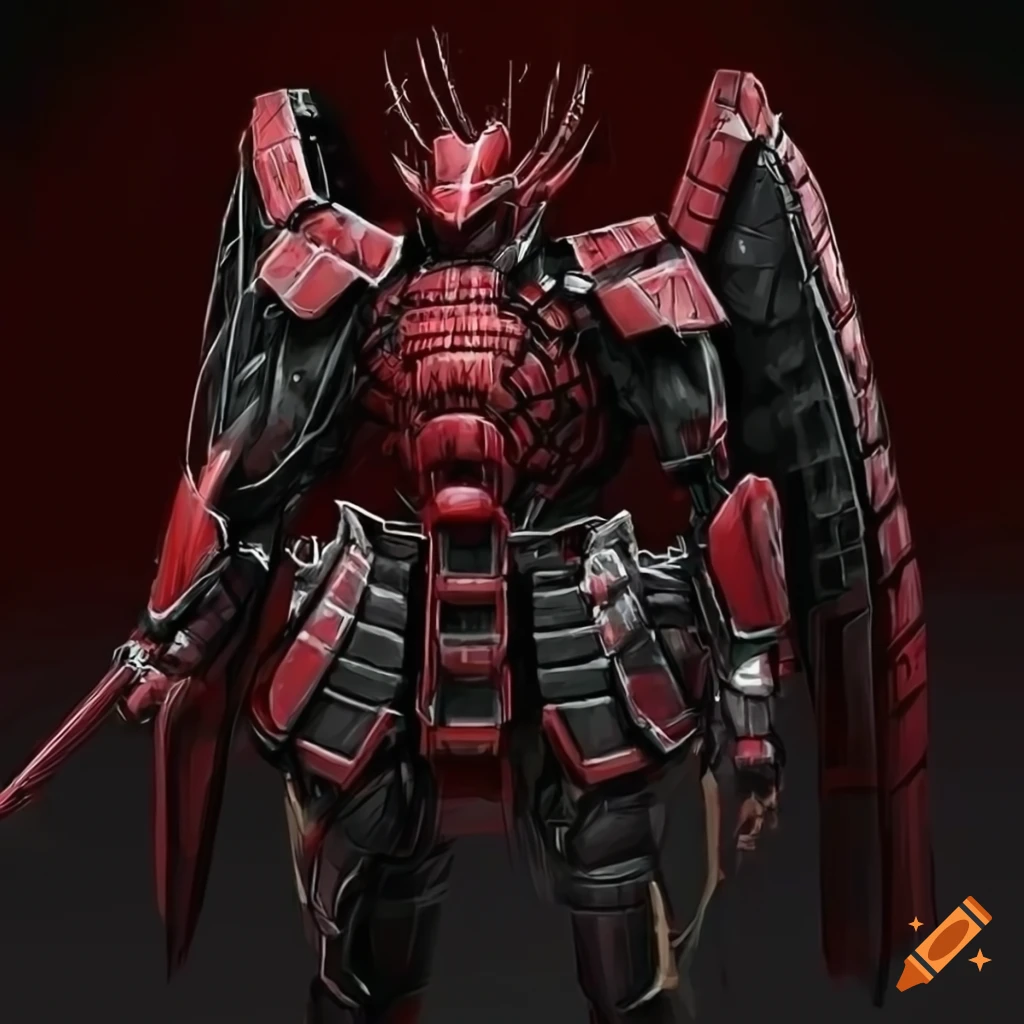 Futuristic red and black armored samurai robot design on Craiyon