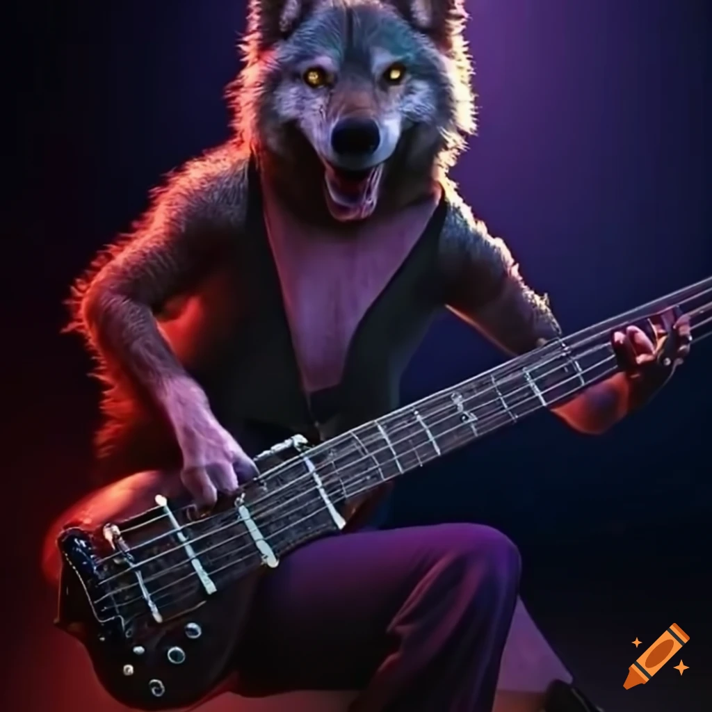 Wolf playing bass guitar on Craiyon