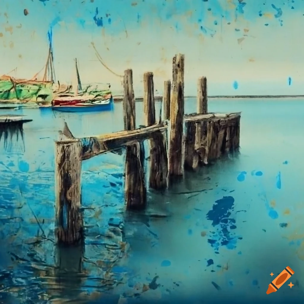 French harbor with wooden pier piling in an abstract splatter paint ...