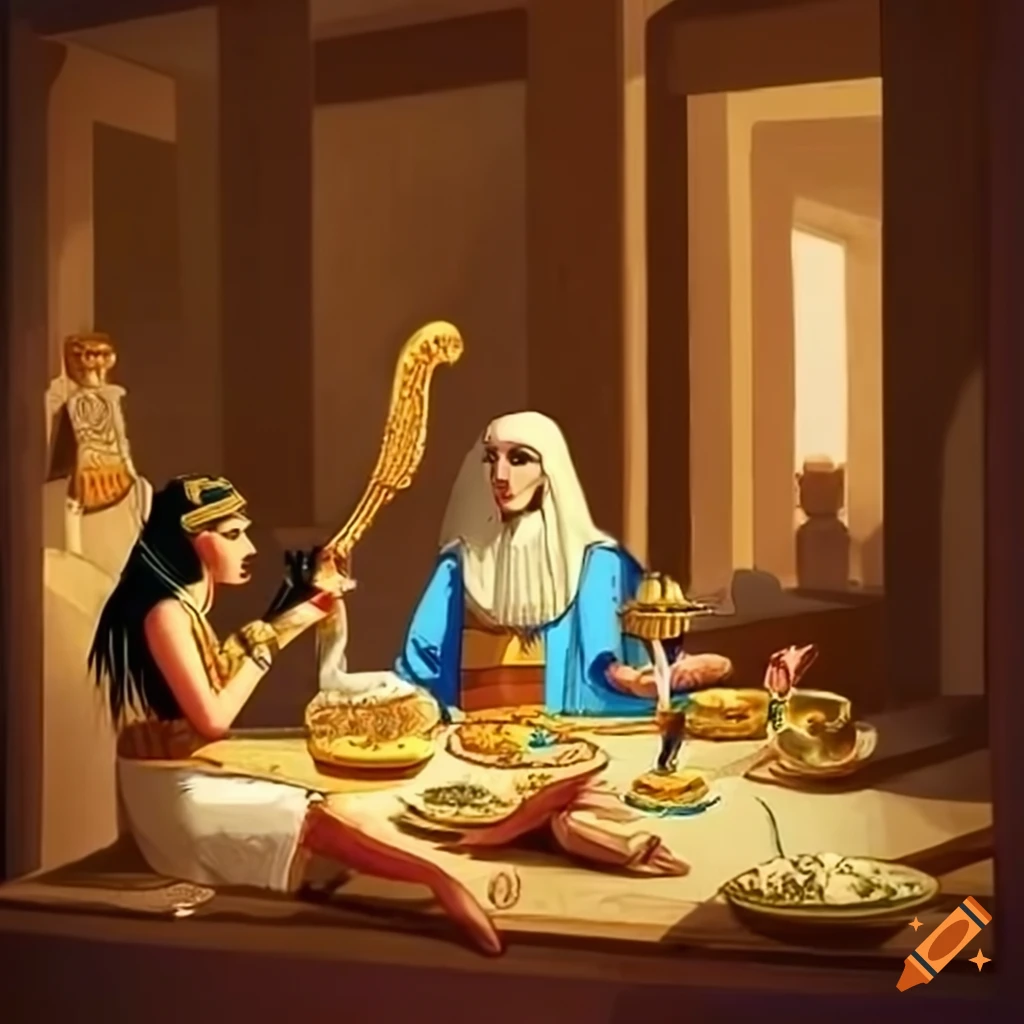 Young adult Moses dining with Pharaoh, his family, and a servant in an ...