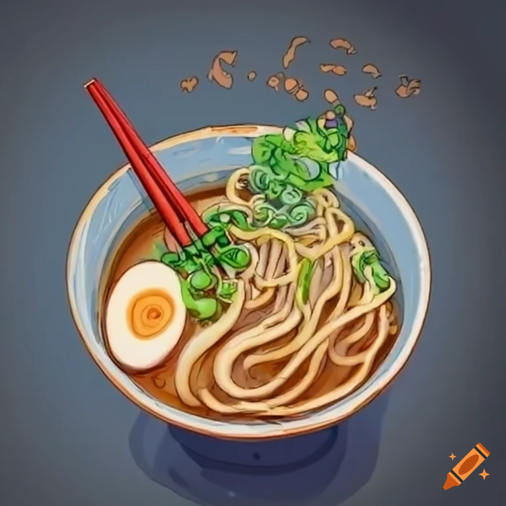 Anime style bowl of ramen with chopsticks and noodles on Craiyon
