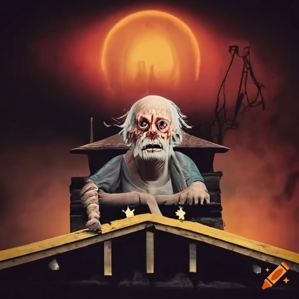 Eccentric old man on cabin roof in horror movie style with title ...
