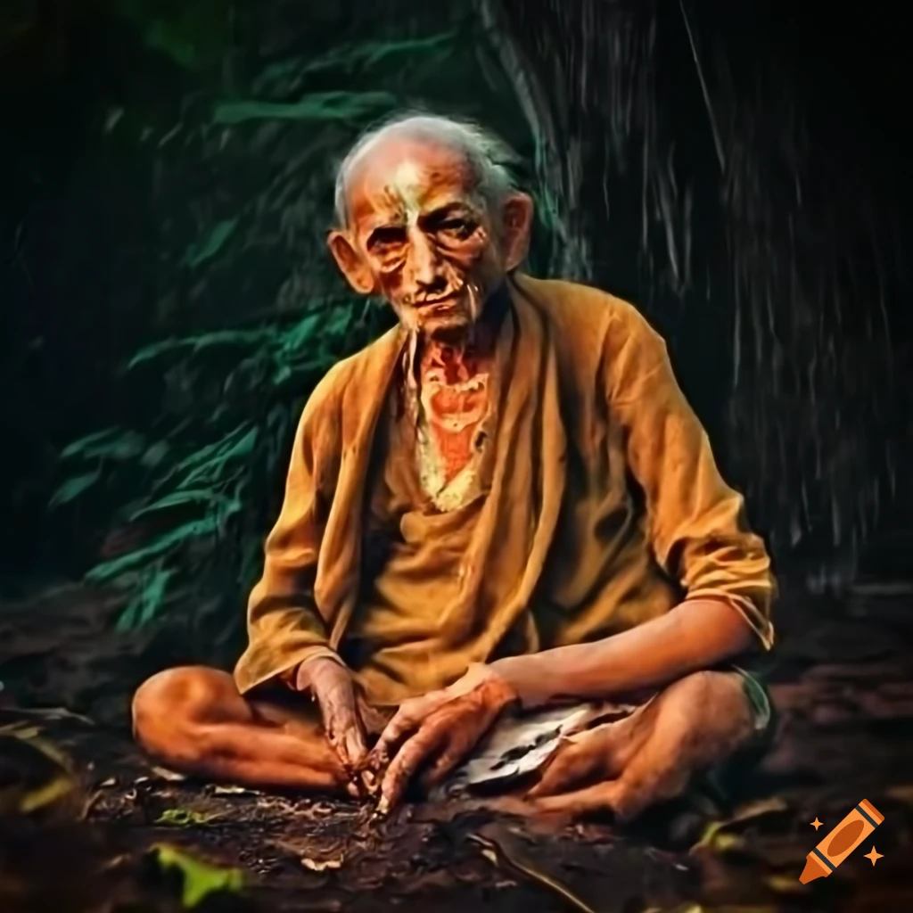 Old Indian beggar in heavy rain under a tree with a drenched calendar ...
