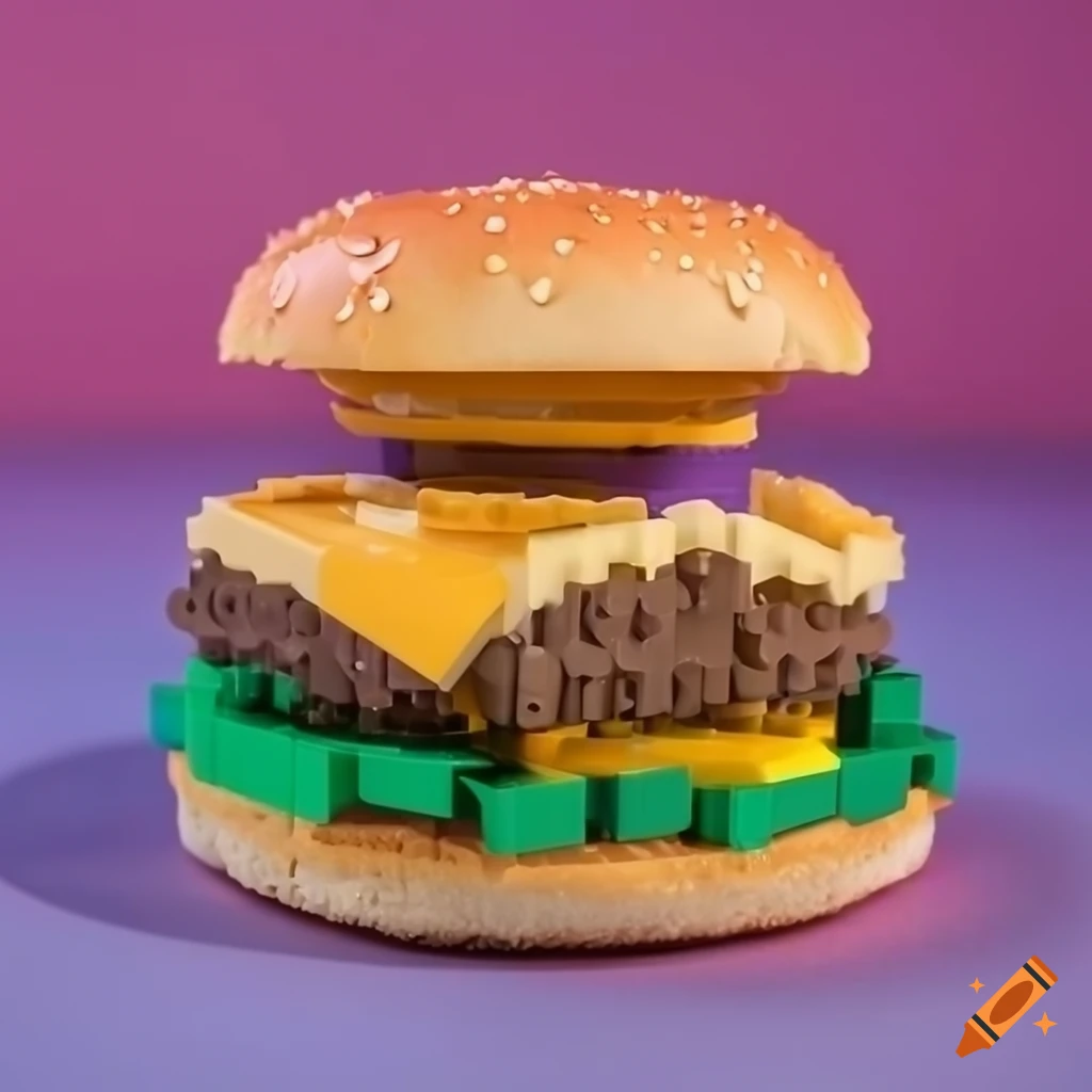 Cheeseburger and blue french fries made of Legos on a pink cloud on Craiyon