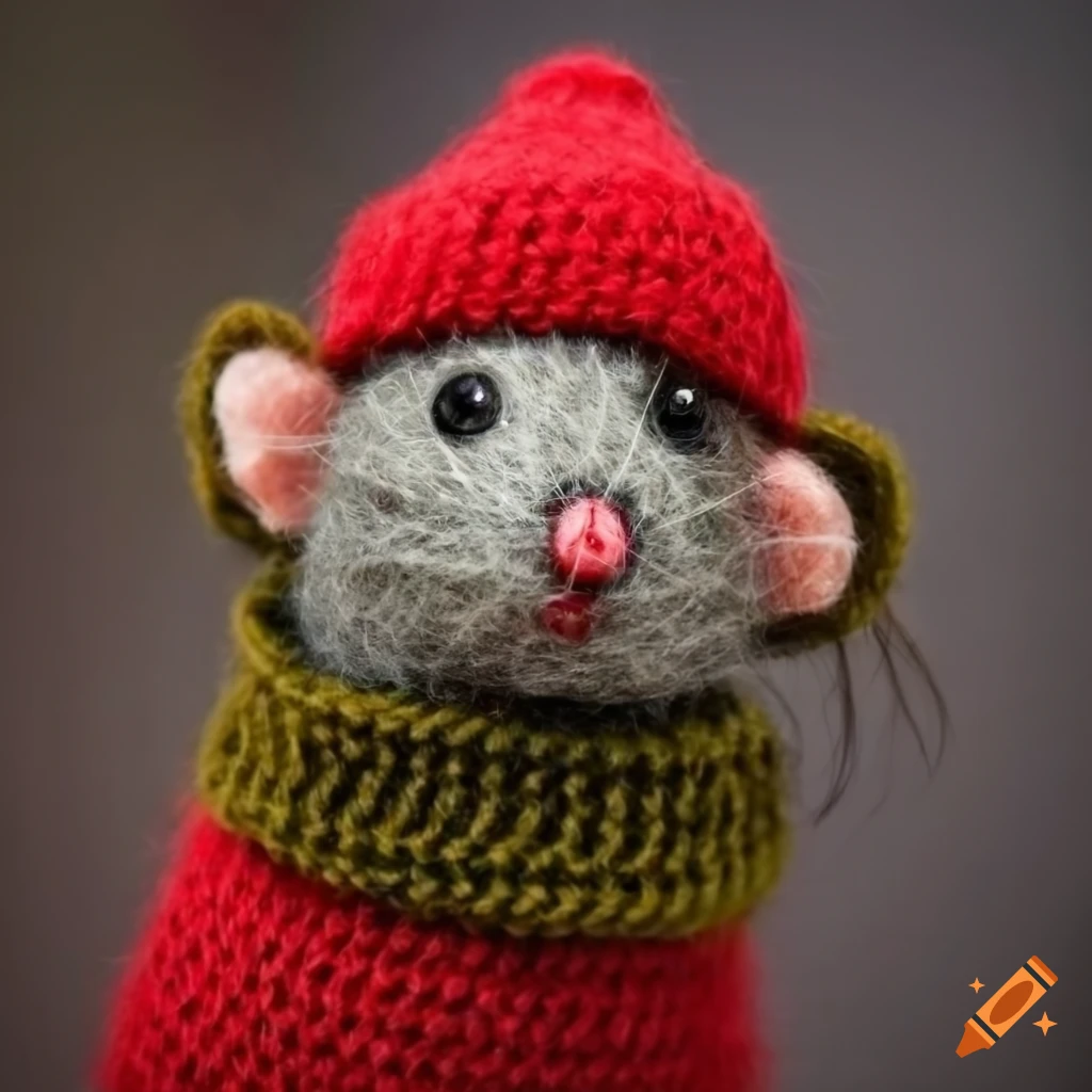 Bright red felt wool toy rat with hat and scarf on Craiyon