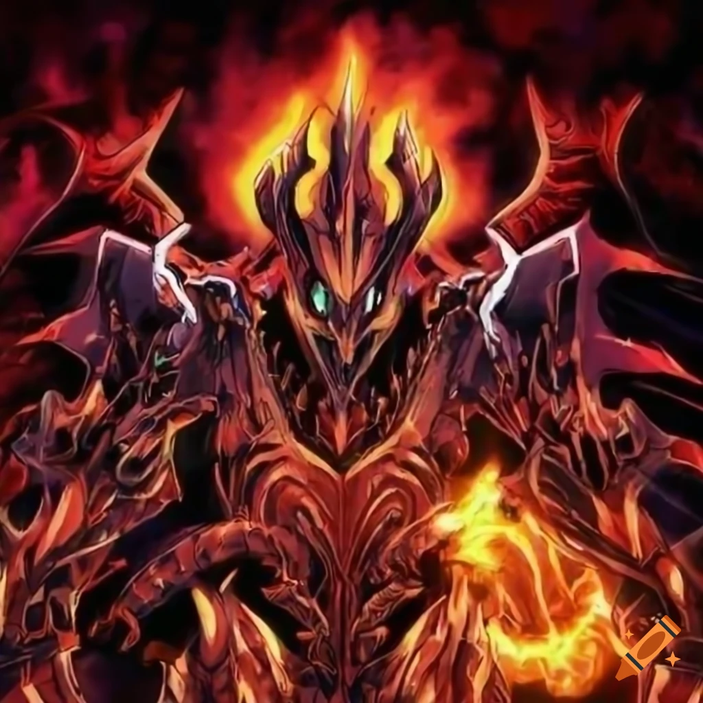 Destroyer character in a fiery yu-gi-oh! art style on Craiyon