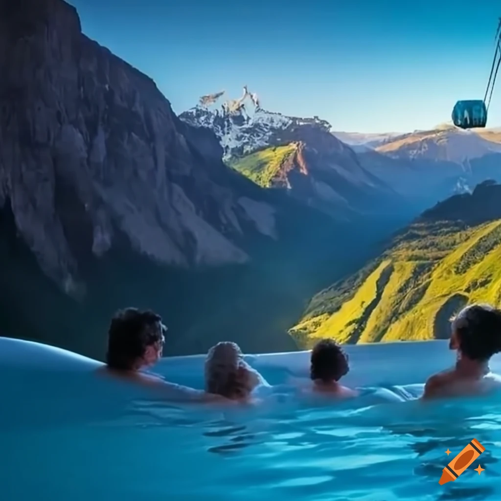 Jacuzzi in the mountains with cable car on Craiyon