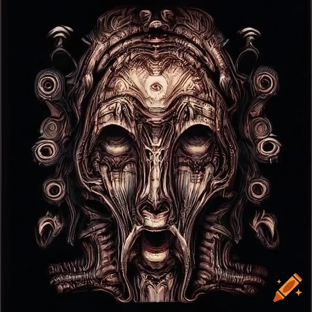 Biomechanical artwork by Swiss artist H.R. Giger with a holy mask on ...
