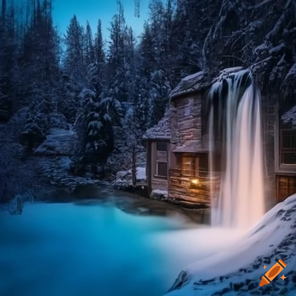 Winter waterfall inn in a classic photo on Craiyon