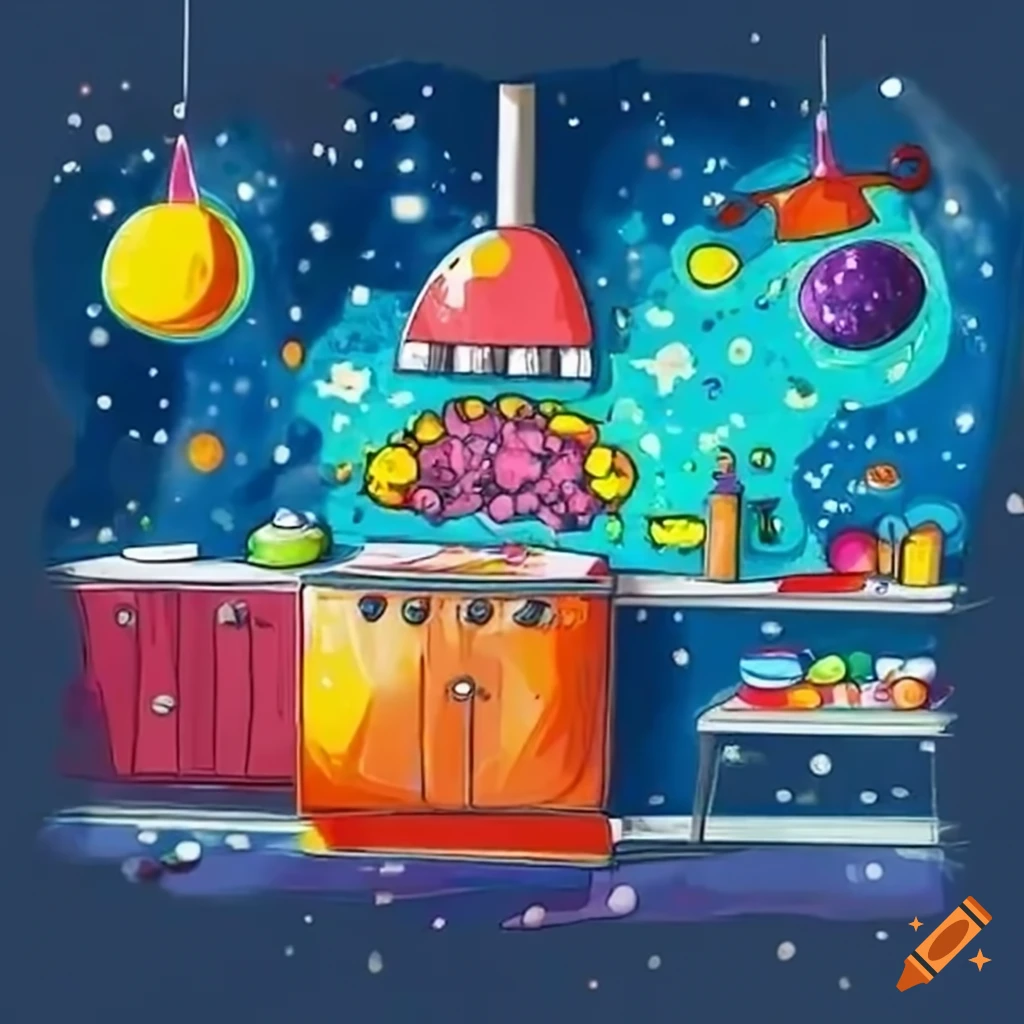 Kids cooking in an outer space-themed kitchen with planets and rocket ...