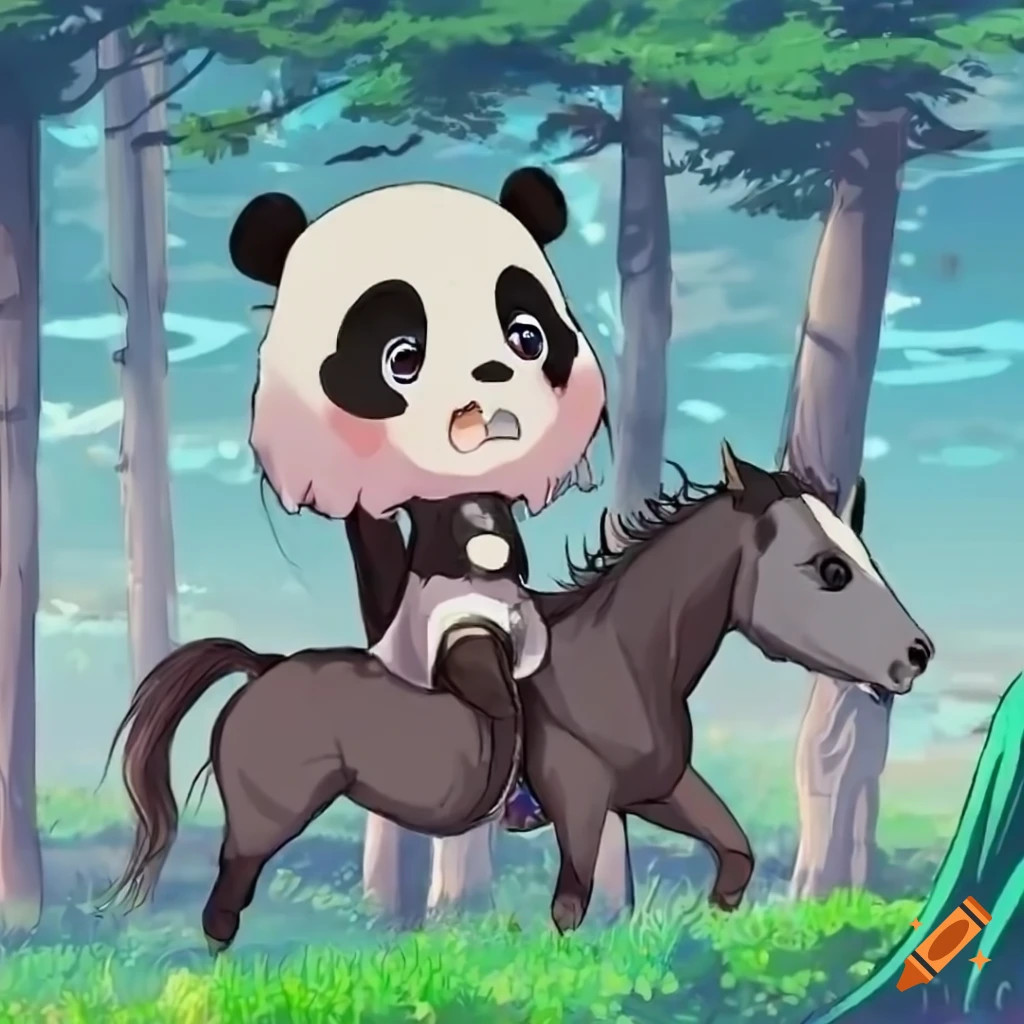 Anime panda riding a galloping zebra-striped horse on Craiyon