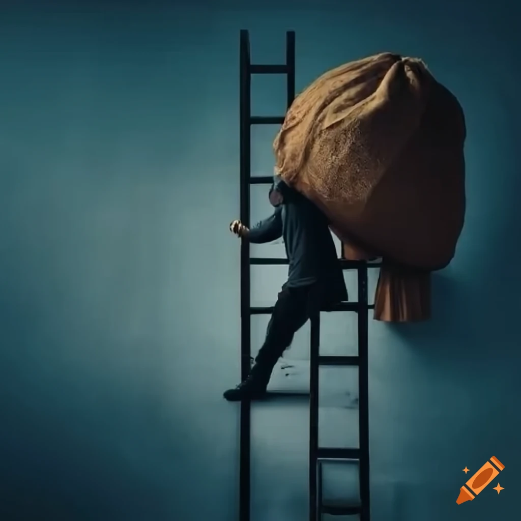 Man carrying large sack near a vat at the top of a ladder on Craiyon