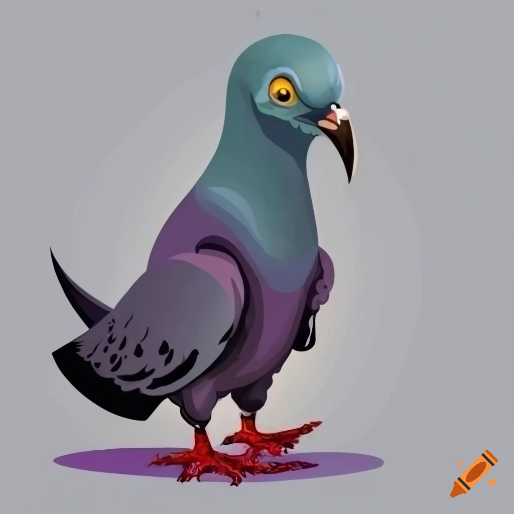 Cartoon pigeon with a scary and evil expression standing on hind legs ...