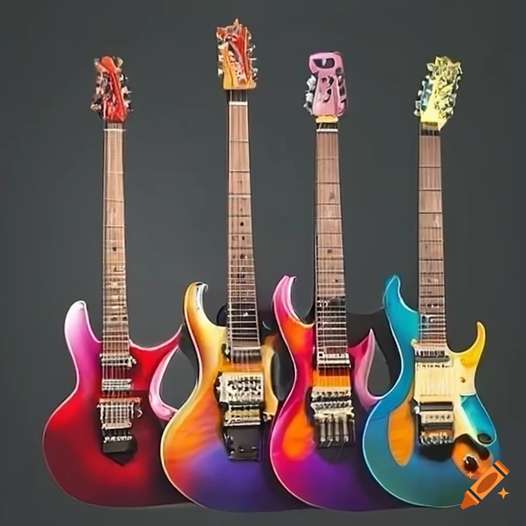 Many guitars together in colorful display on Craiyon