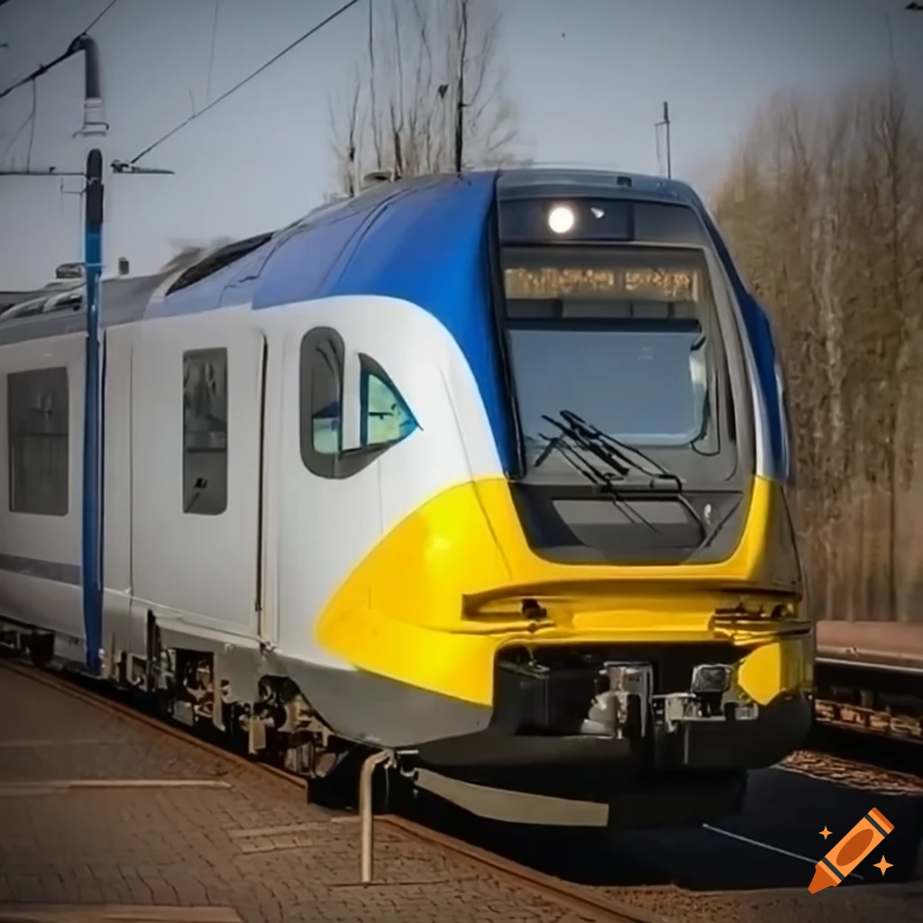 Dutch sprinter train with white, blue, and yellow colors on Craiyon