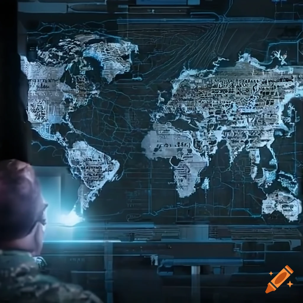 Military commander strategizing with high-tech holographic world map on ...