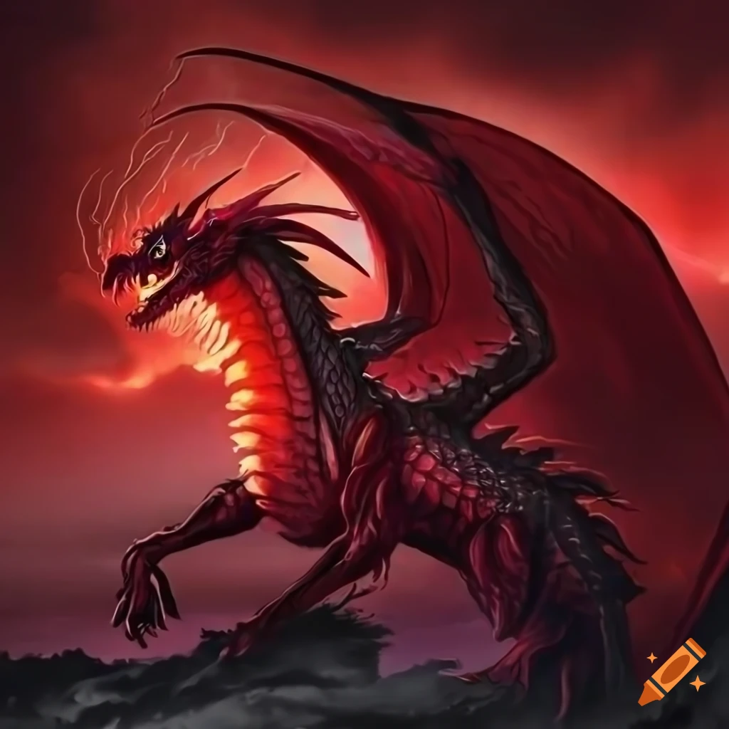 Fierce ruby-red dragon ascending in stormy sky leaving fiery trail on Craiyon