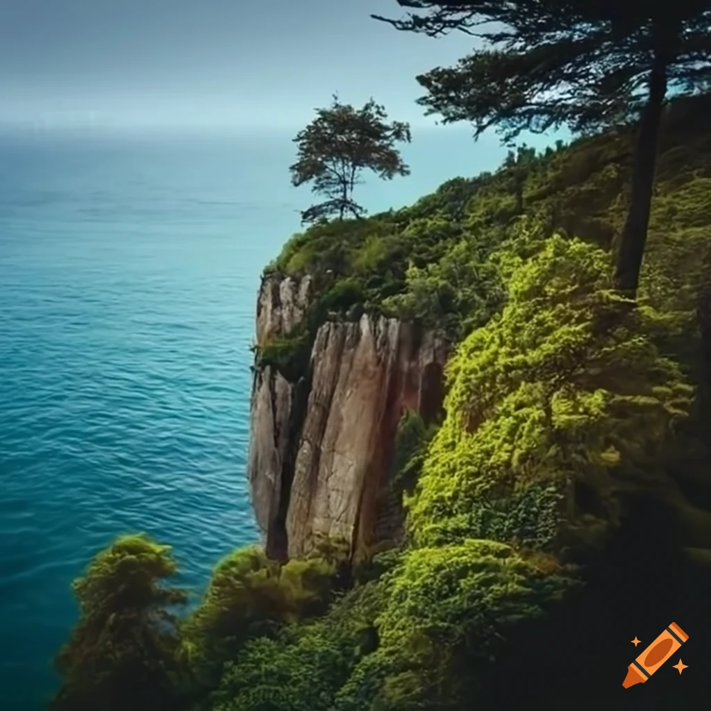 Cliff overlooking forest and vast sea view on Craiyon