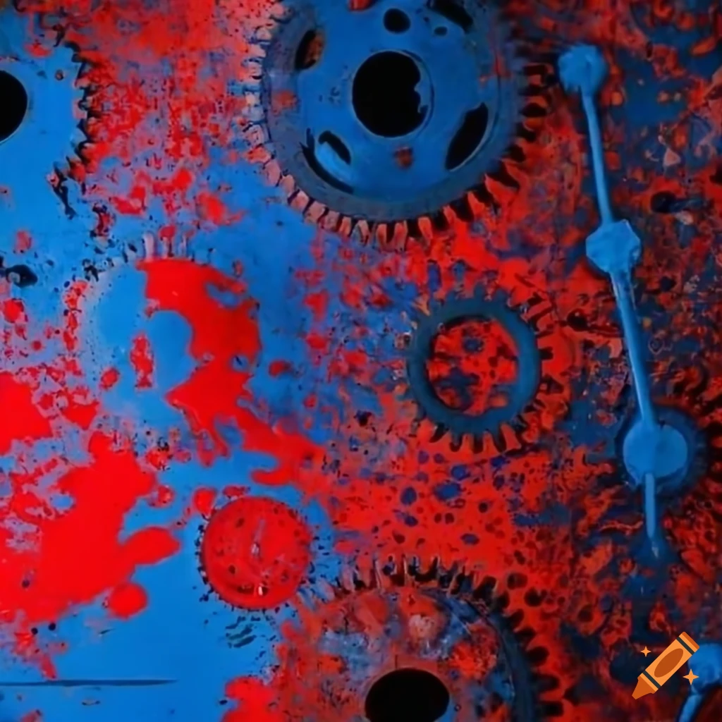 French factory interior with industrial gears, tubes, in red and blue ...