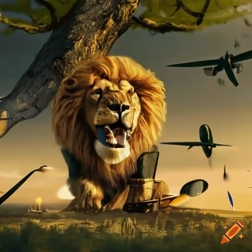 Lions in armor having tea under a tree with World War II planes in the ...