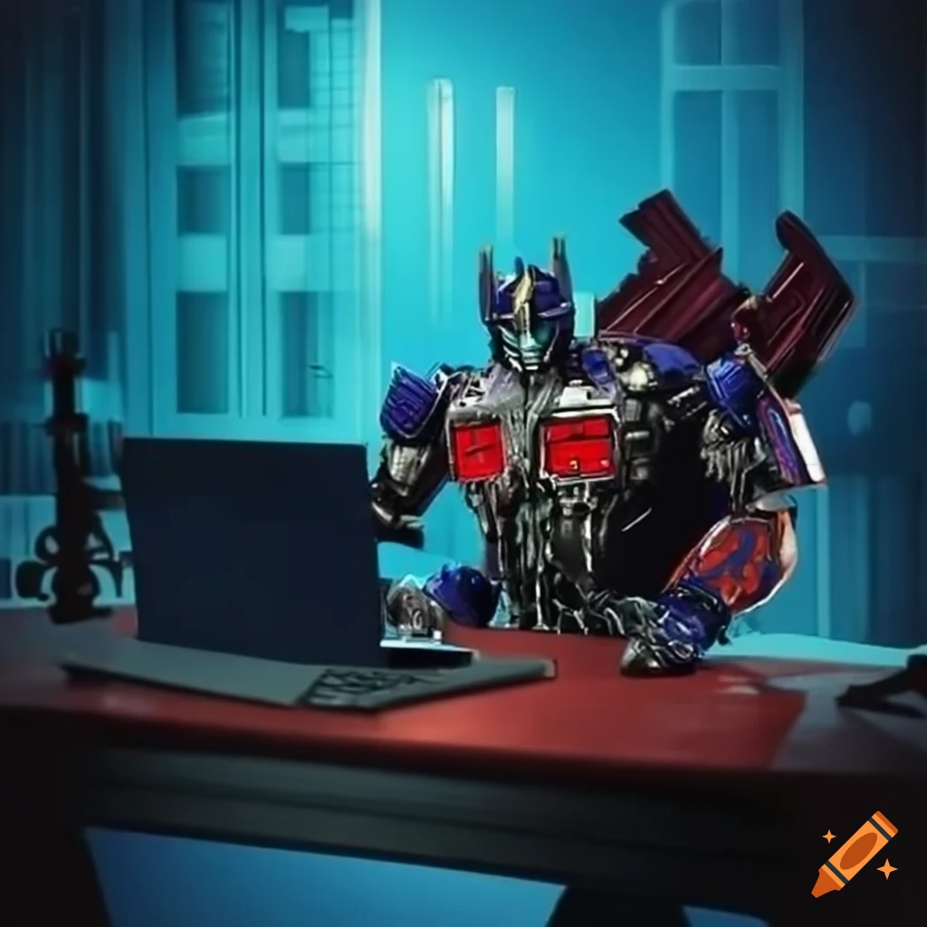 Optimus prime sitting at a desk on Craiyon