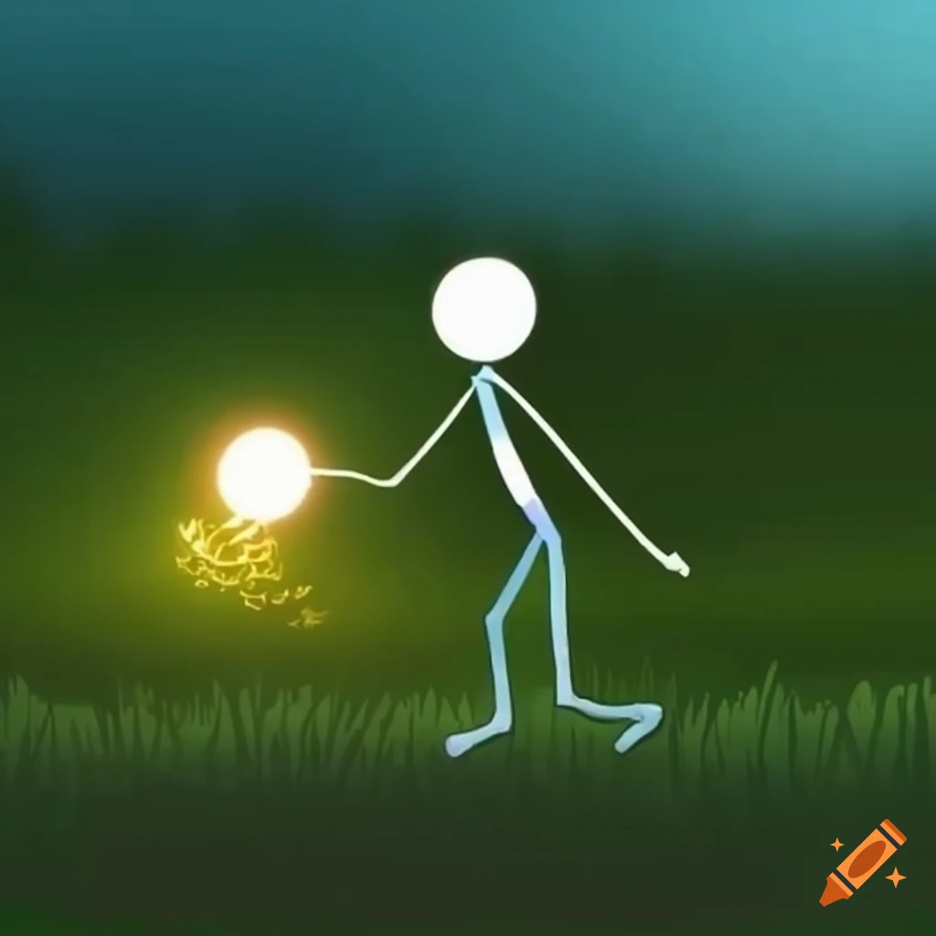 Adventurous stick figure with a magical orb in a beautiful grassland ...