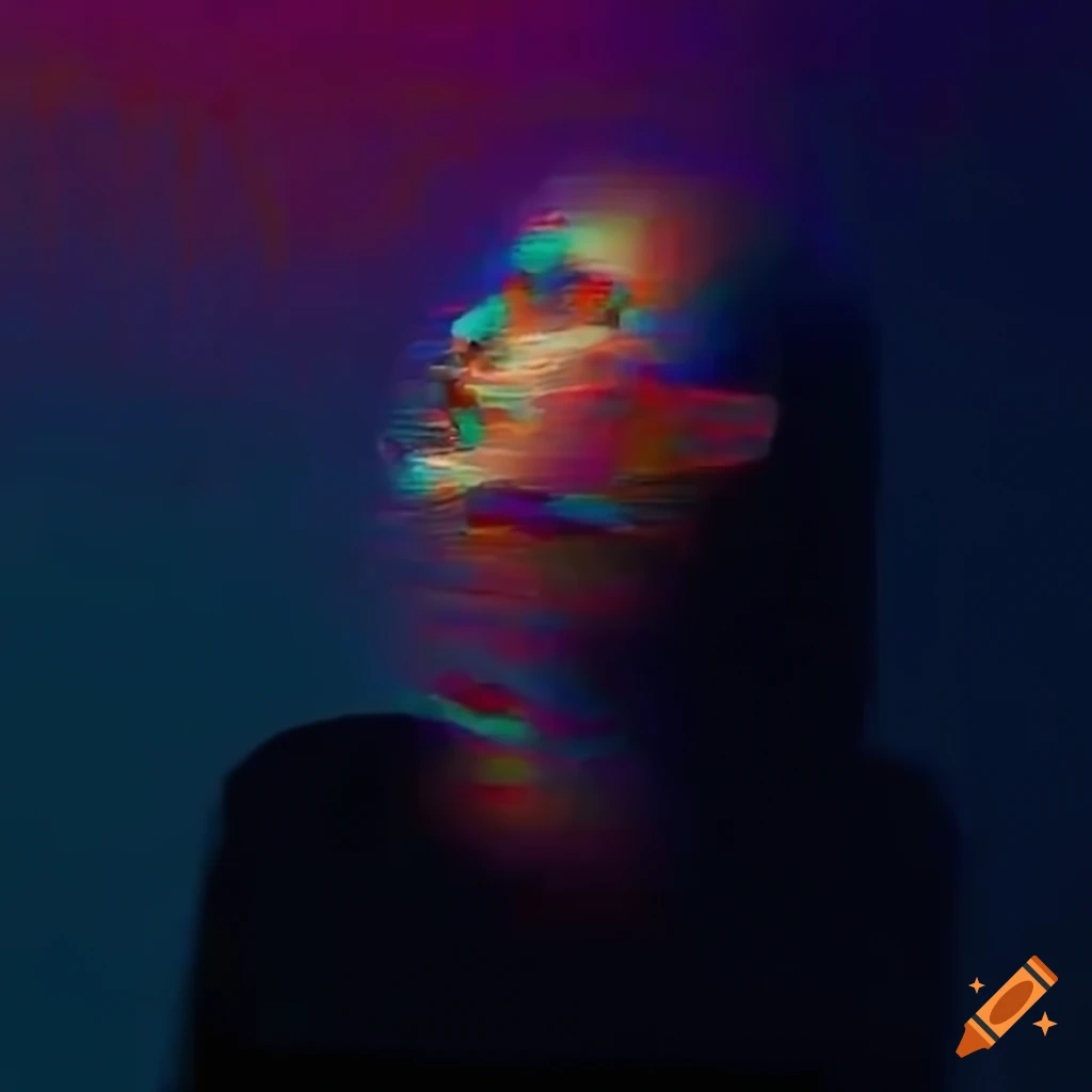 Glitch-art ai-generated human character contemplating on Craiyon