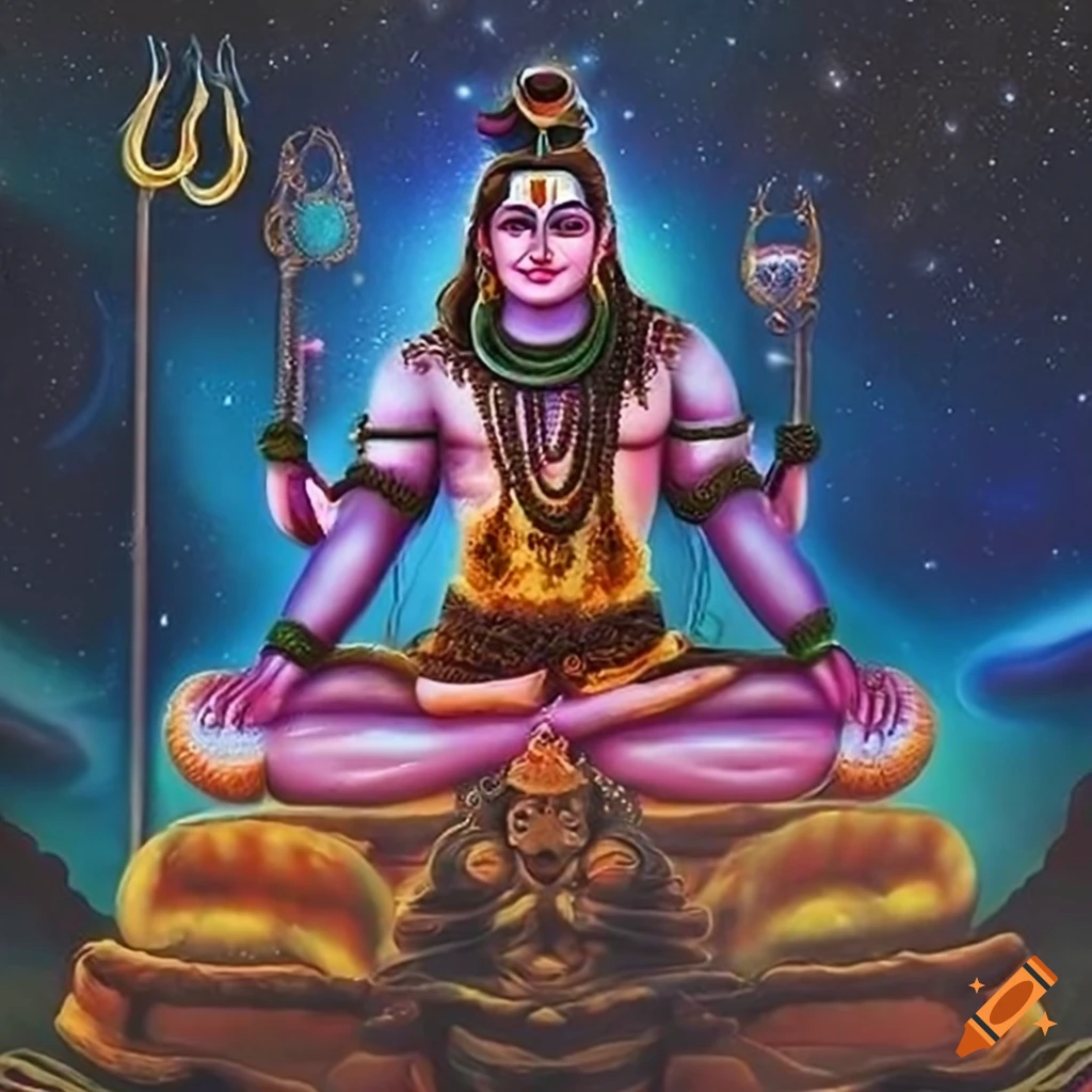 Lord Shiva sitting under the starry sky with an aurora behind him in ...