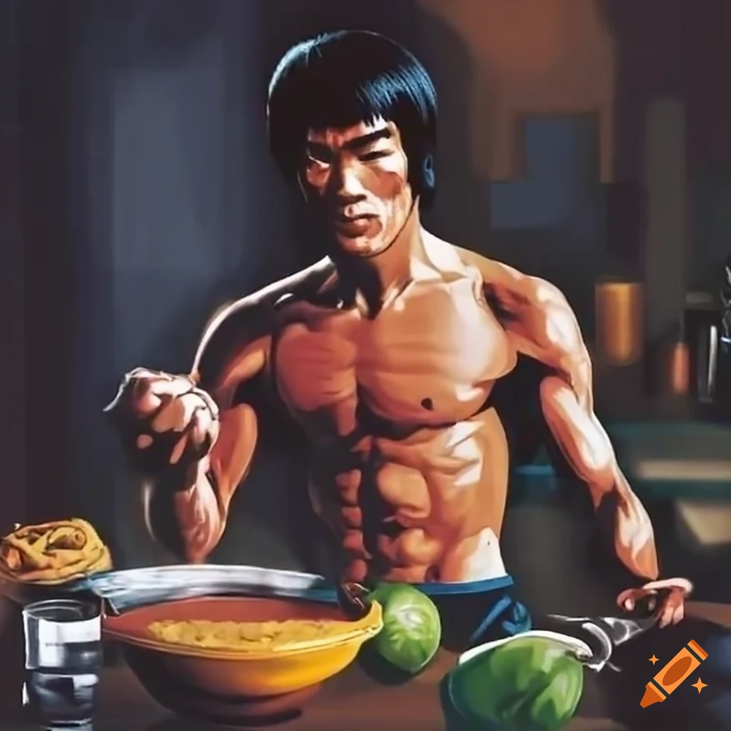 Bruce lee preparing ingredients at the kitchen counter on Craiyon
