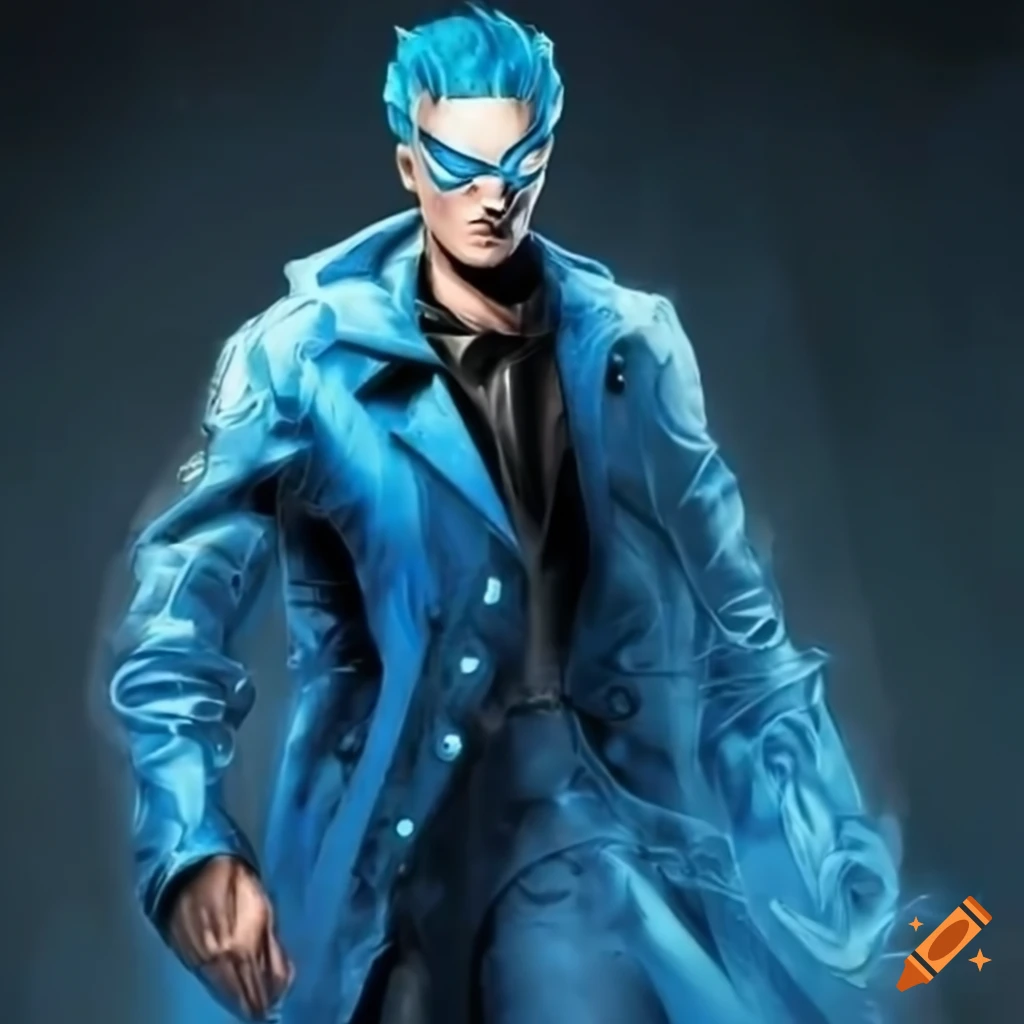 Lean male superhero with blue hair wearing a trench coat and a mask on ...