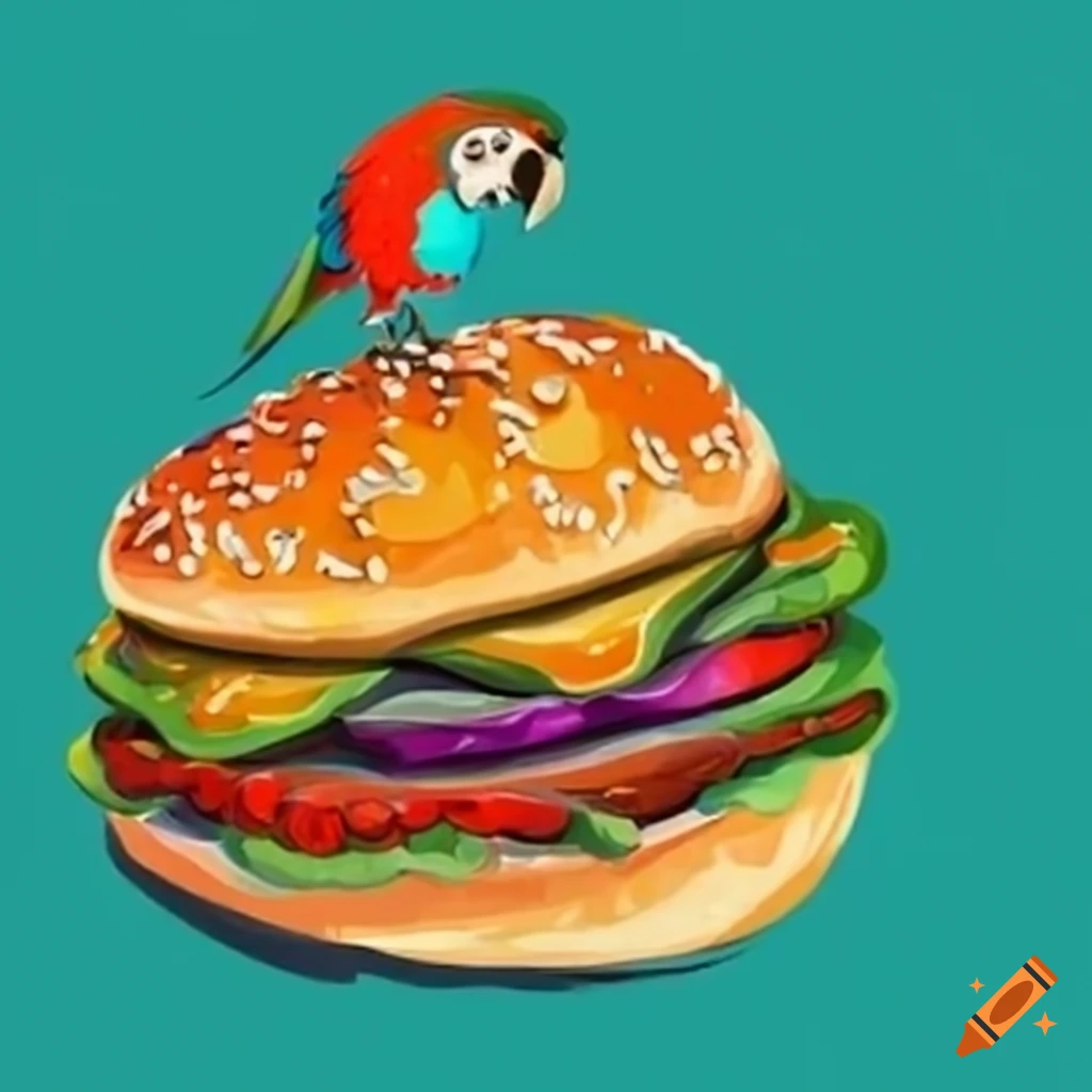 Creative sandwich with a colorful parrot in a hamburger bun on Craiyon