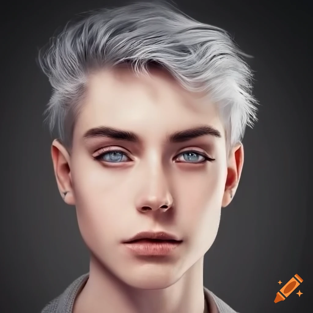 Young man with silver hair and grey eyes on Craiyon
