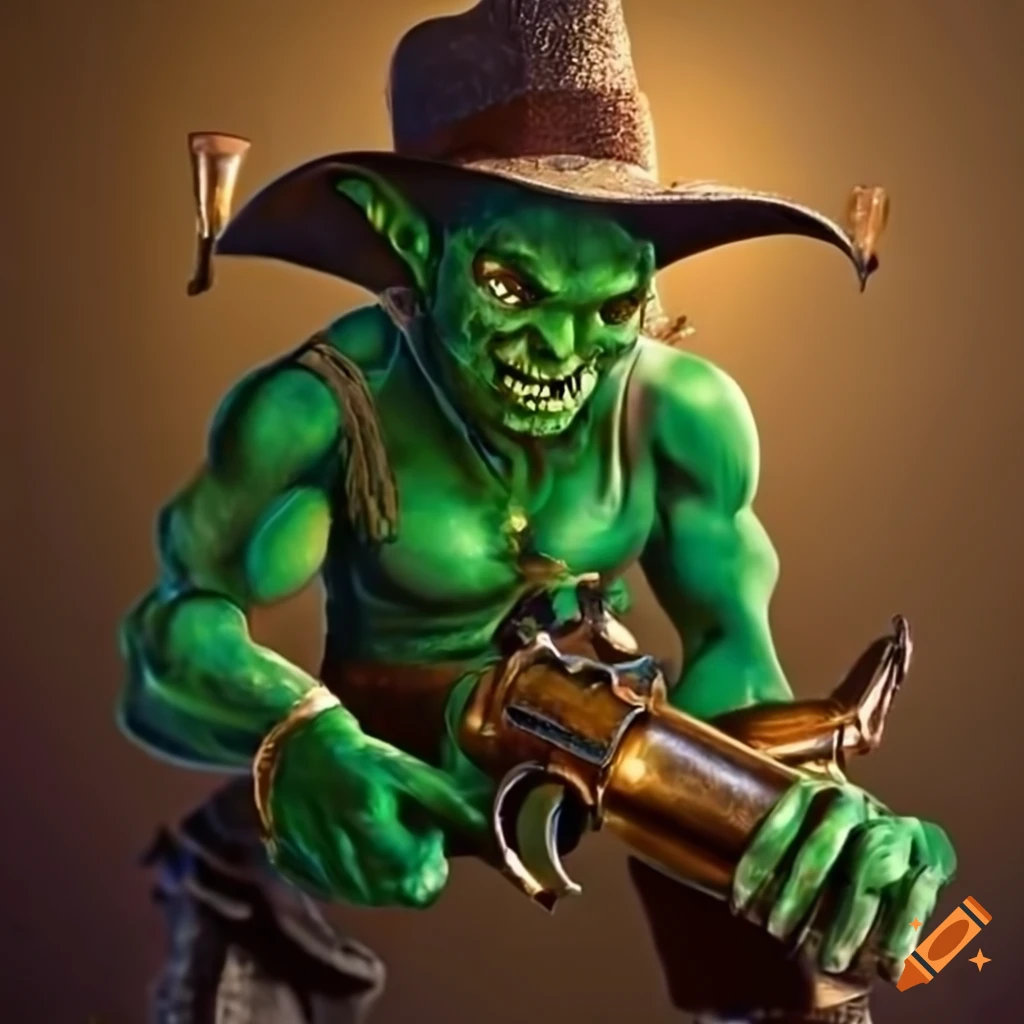 Green-skinned goblin in a cowboy hat counting bullets from a revolver ...