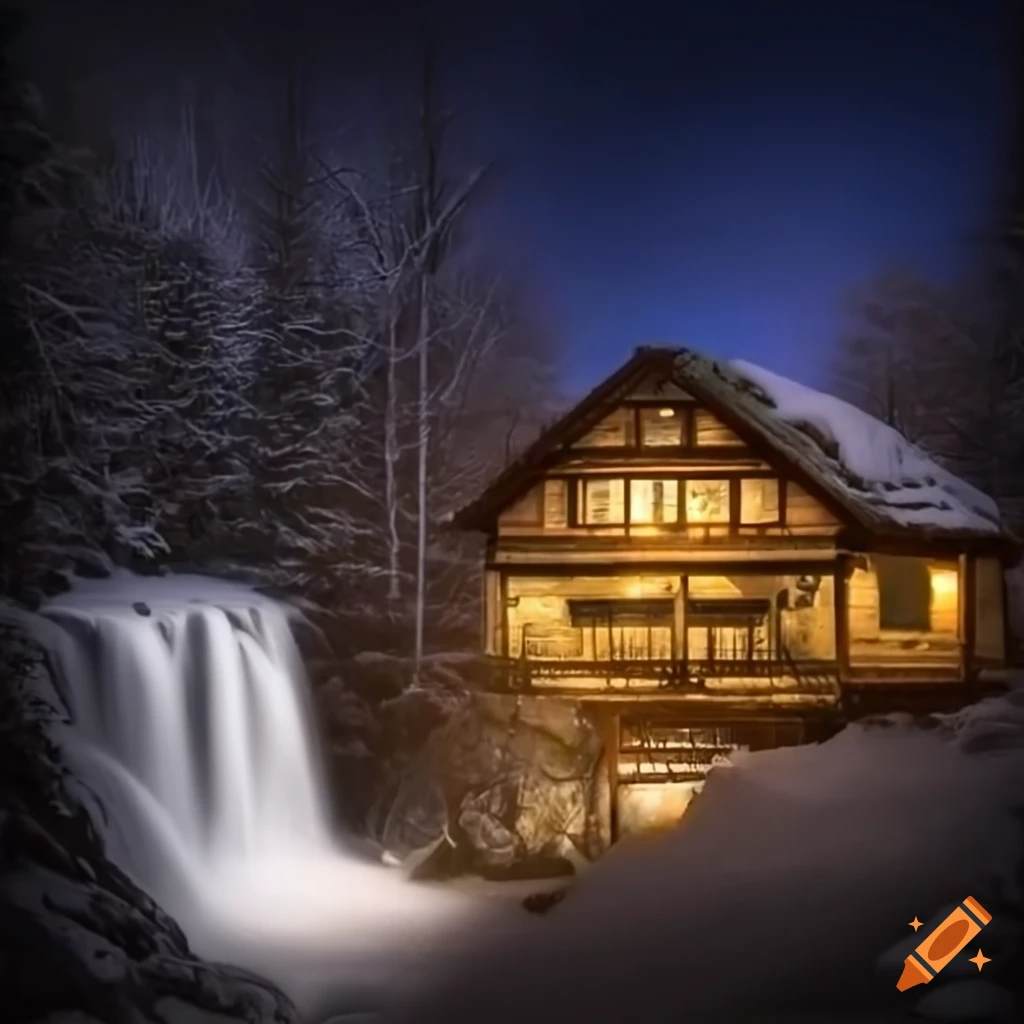 Winter waterfall Inn at night in hyper realistic style on Craiyon