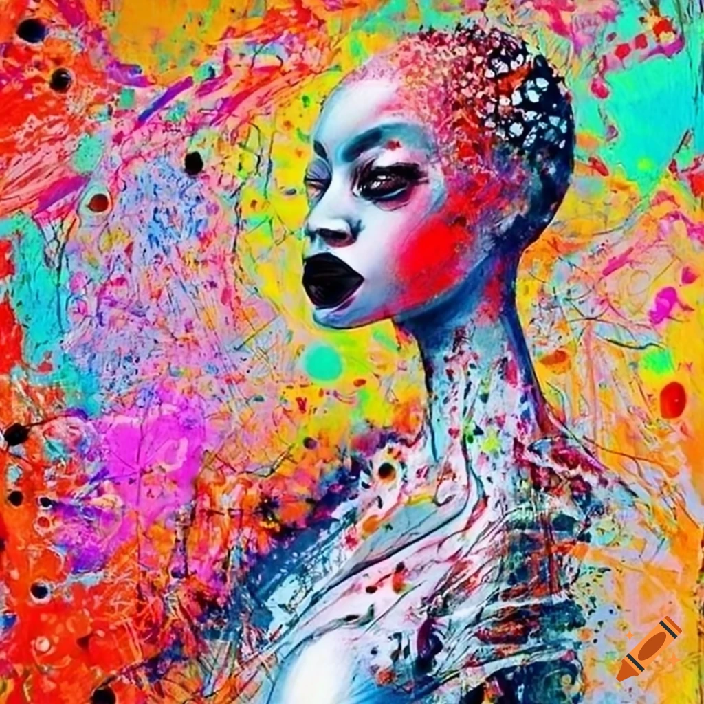 Abstract splatter painting in silver, white, pink, orange, acid blue ...