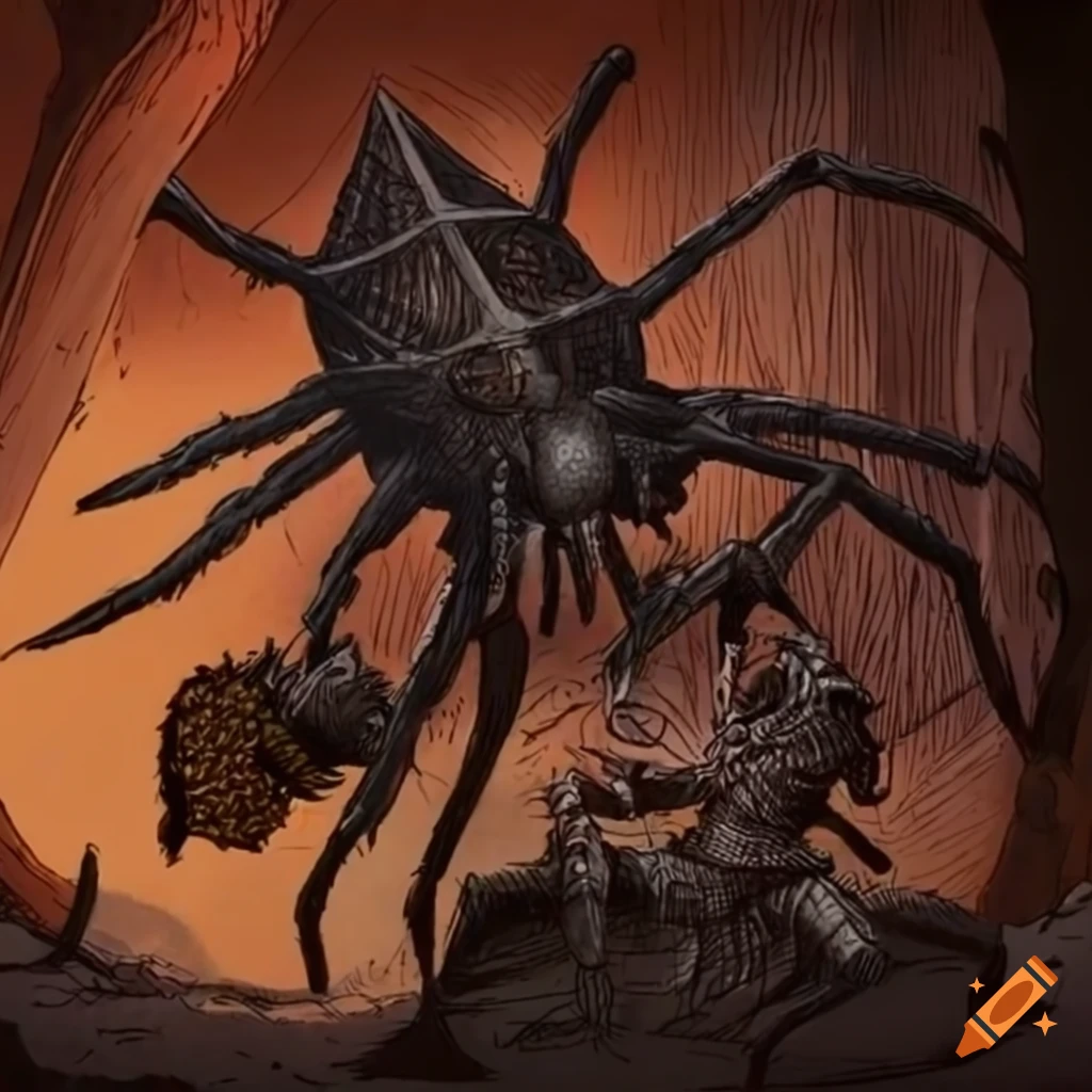 Medieval knight battling a giant spider on Craiyon