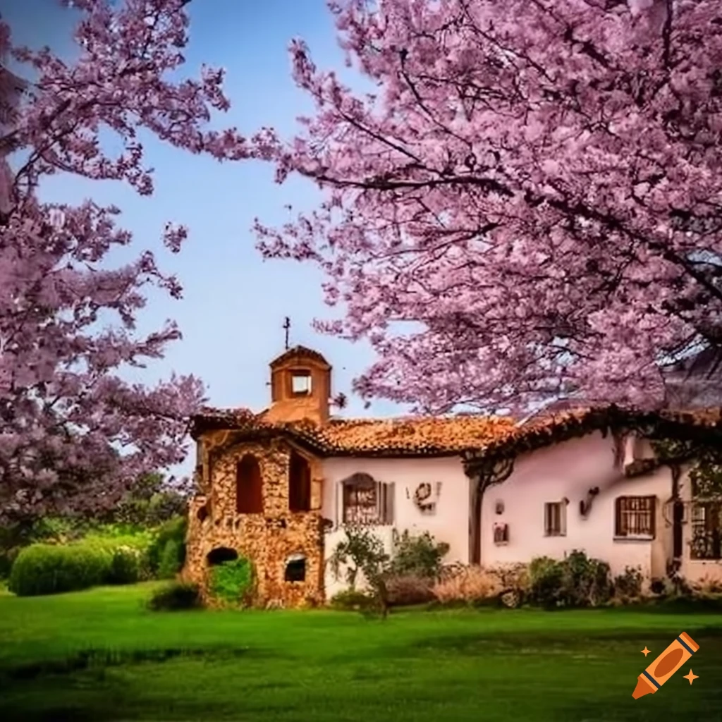 Spanish country house surrounded by cherry blossom trees on Craiyon