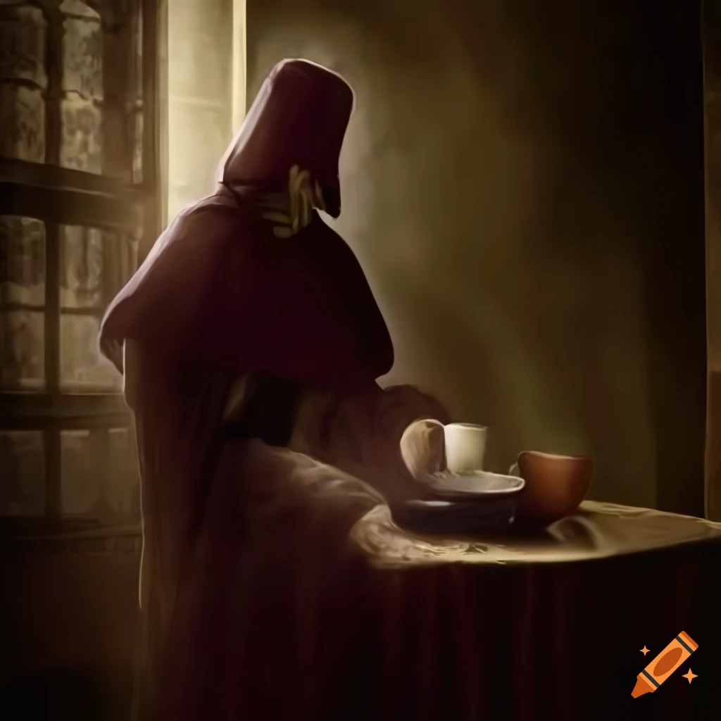 Medieval masked monk enjoying hot coffee in a room on Craiyon