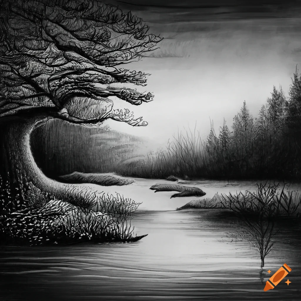 Black and white pencil drawing or engraving of a surrealistic nature ...