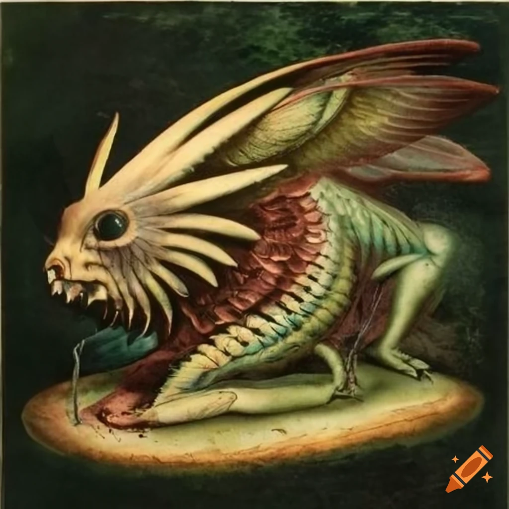 Surreal mythical creature with scales, wings, and third eye in 18th ...