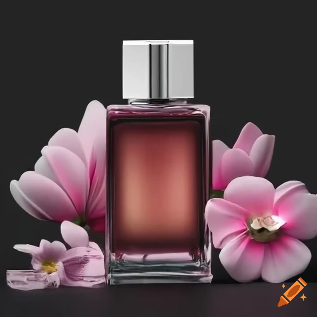 Square perfume bottle surrounded by flowers on Craiyon