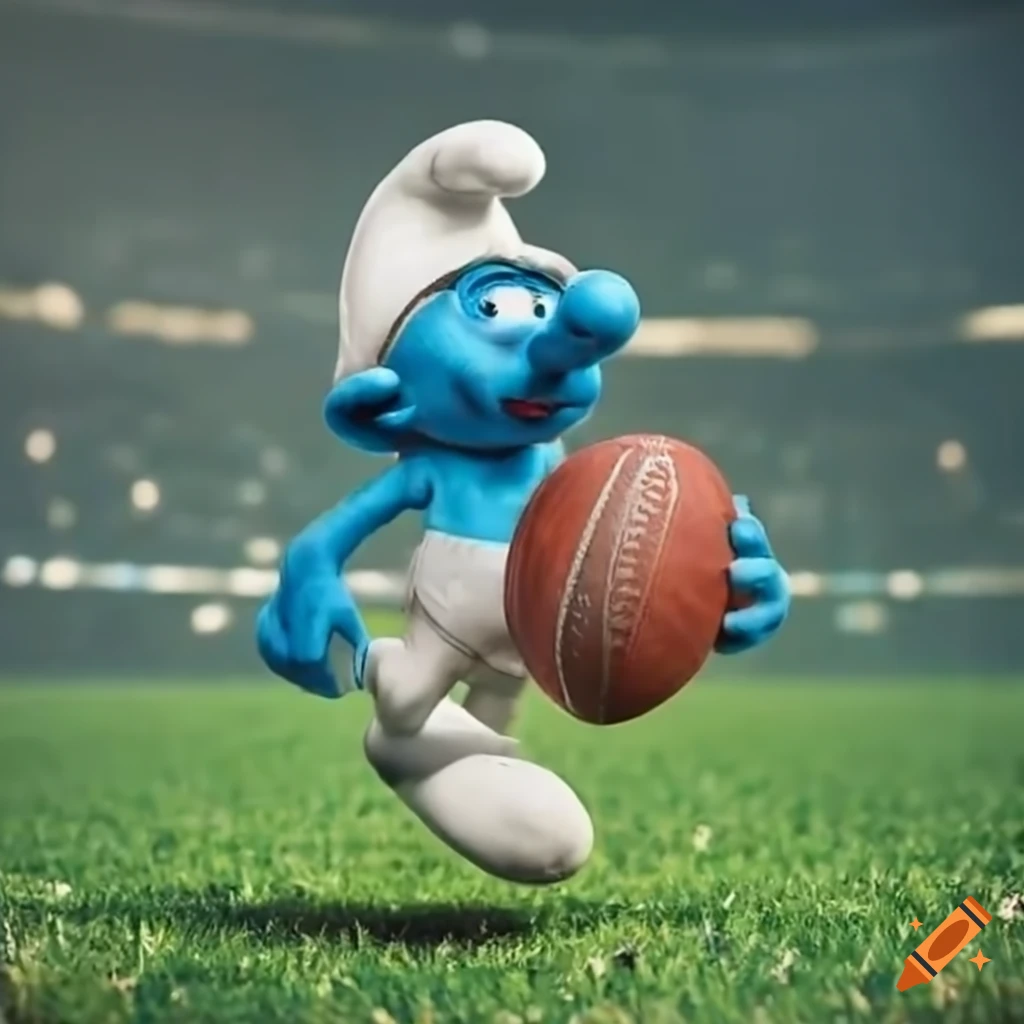 Papa Smurf with a rugby ball in a stadium on Craiyon