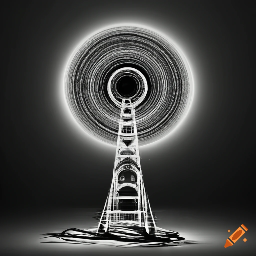 Artistic rendering of black and white antique radio tower emitting waves on Craiyon
